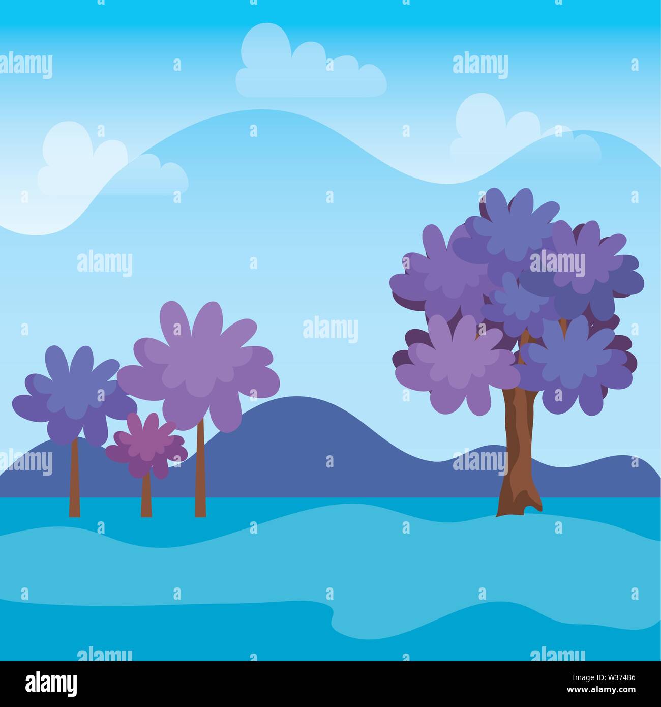 beautiful nature trees with clouds and mountains Stock Vector Image ...