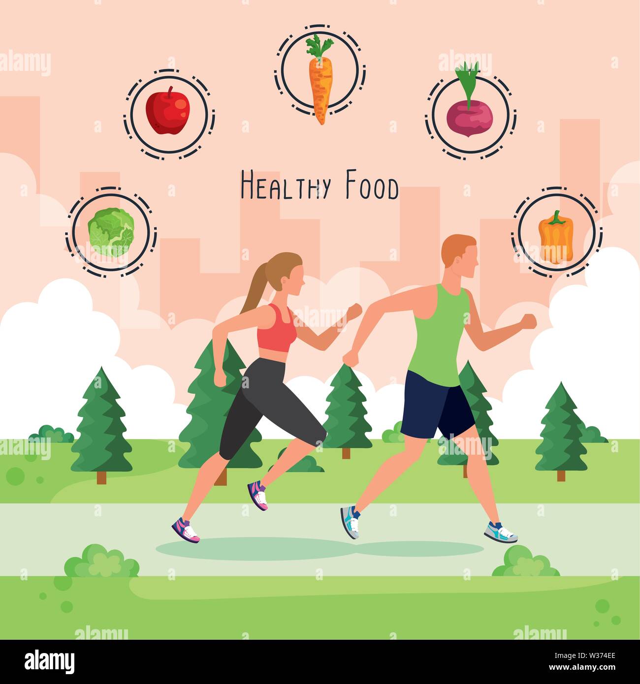 woman and man running with vegetables and fruits Stock Vector Image ...
