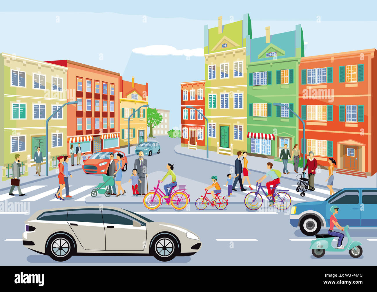 Small town with traffic and pedestrians Stock Photo - Alamy