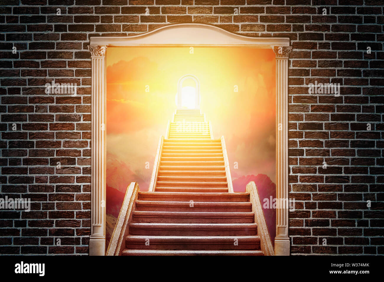 ladder rising in white double-leafed door on old brick wall Stock Photo ...