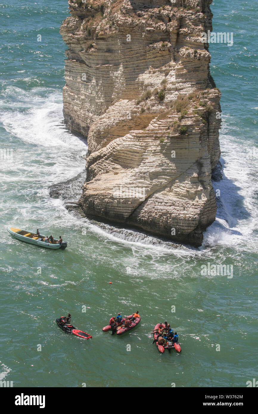 Beirut, Lebanon. 13th July 2019. Diving contestants jump off the 100 ...