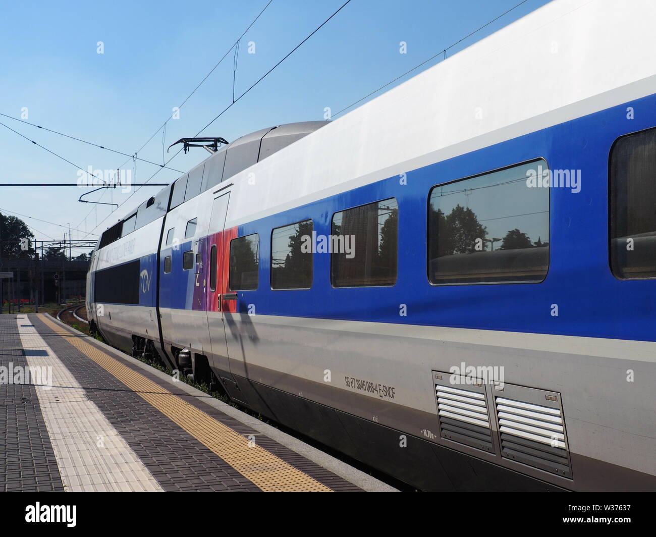 Milan, Italy: 12 July 2019: Paris-Milan High speed train SNCF TGV Lyria ...