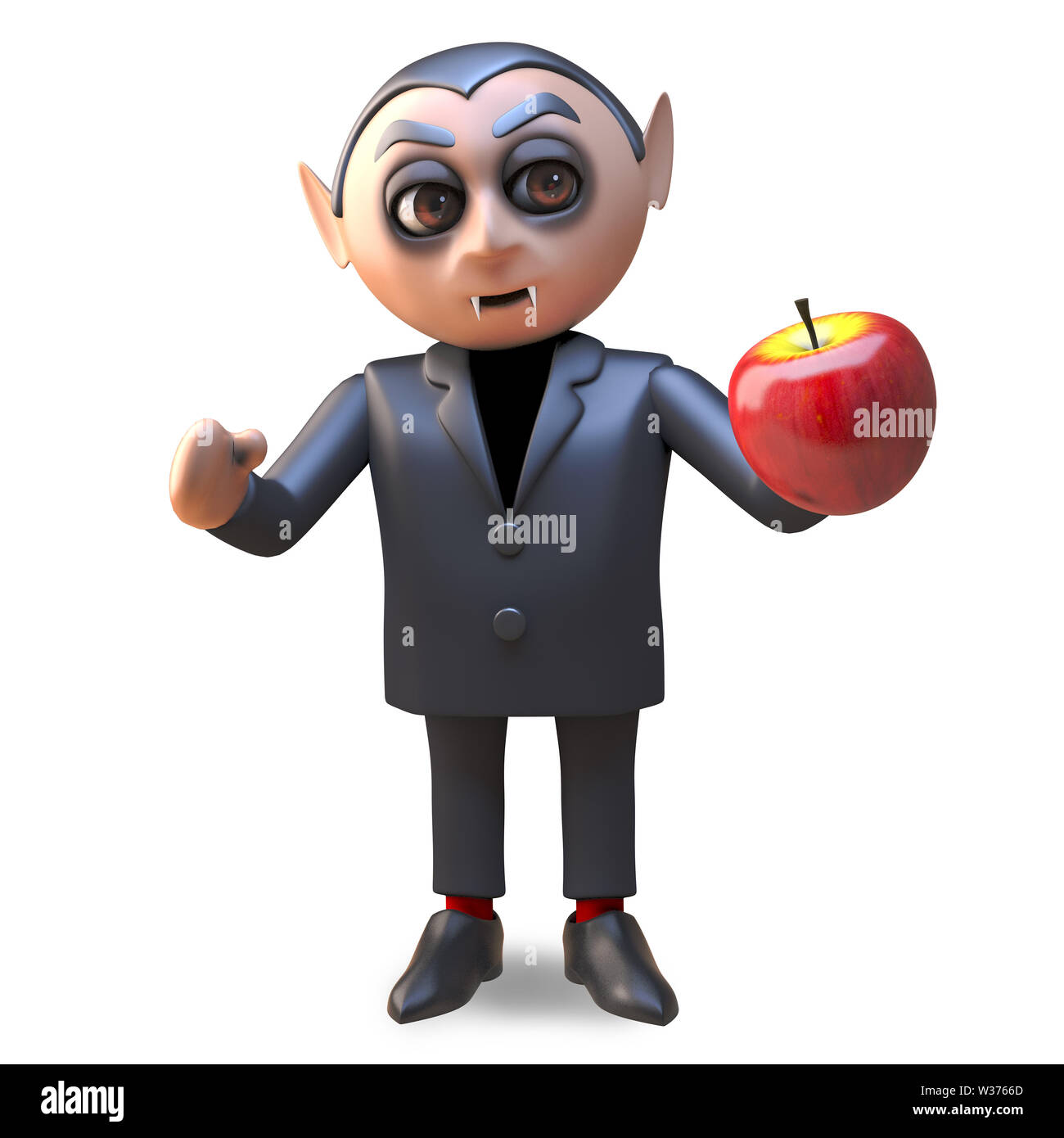Hungry vampire dracula character looks at a blood red apple, 3d ...