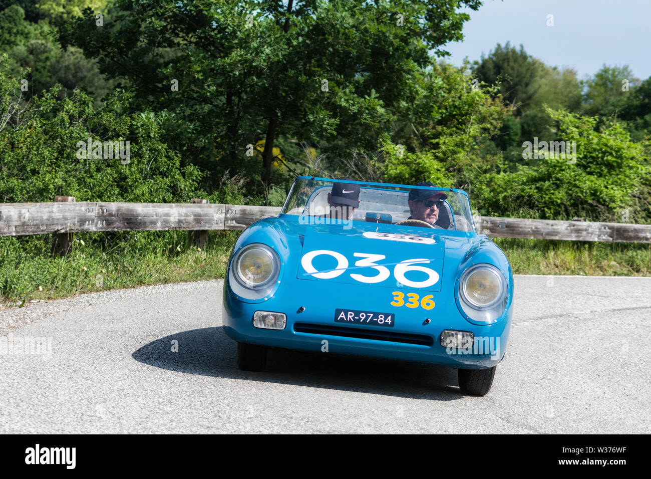AUTOBLEU 750 1954 on an old racing car in rally Mille Miglia 2018 the ...