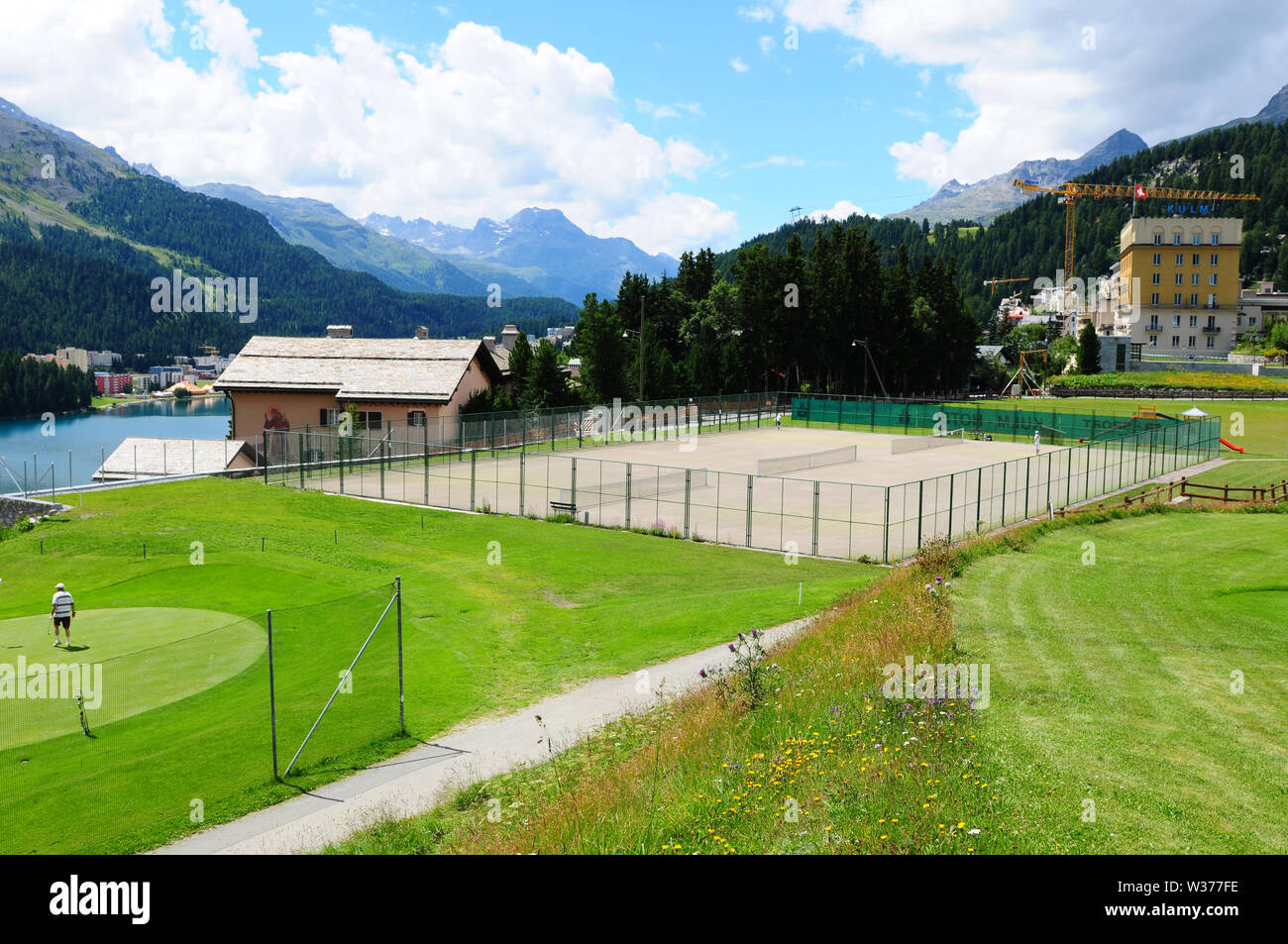 Swiss alps: The Kulm Hotel tennis court and 9 hole golf course in St ...