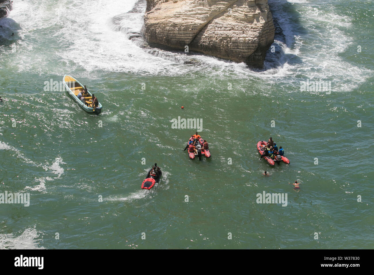 Beirut, Lebanon. 13th July 2019. Safety boats wait to pick divers off ...