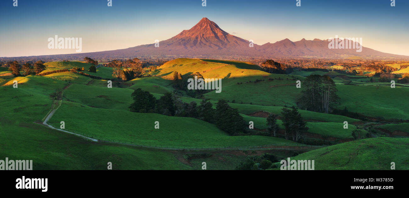 Mount Taranaki under the blue sky. Beauty volcano on New Zealand in the ...