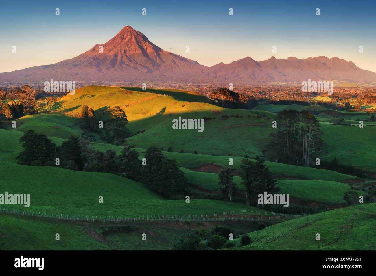 Mount Taranaki under the blue sky. Beauty volcano on New Zealand in the ...