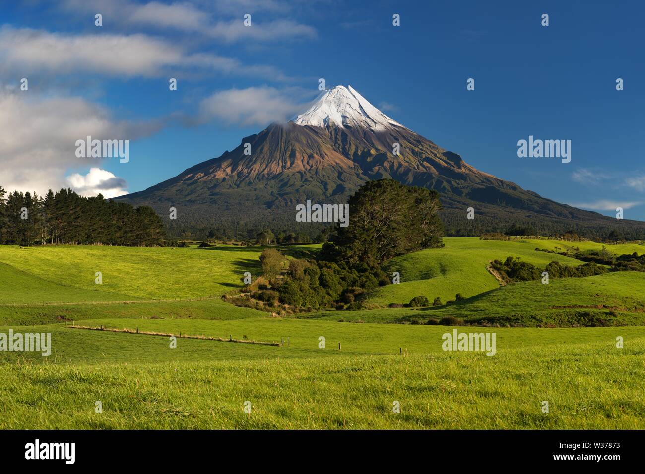 Mount Taranaki under the blue sky. Beauty volcano on New Zealand in the ...