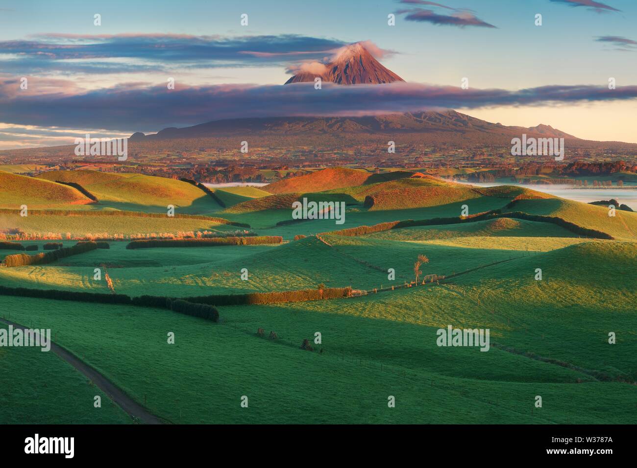 Mount Taranaki under the blue sky. Beauty volcano on New Zealand in the ...