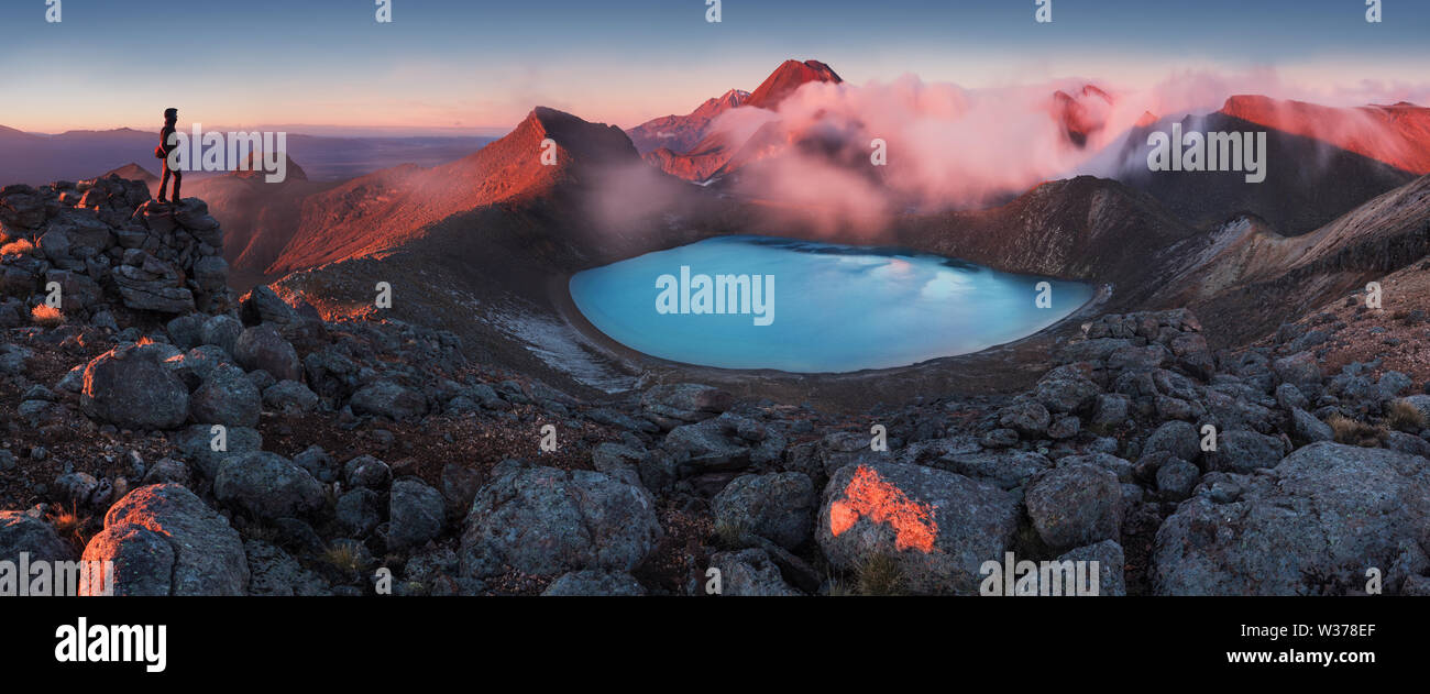 Early morning sunrise, landscape scenery of blue lake, wild mountains ...
