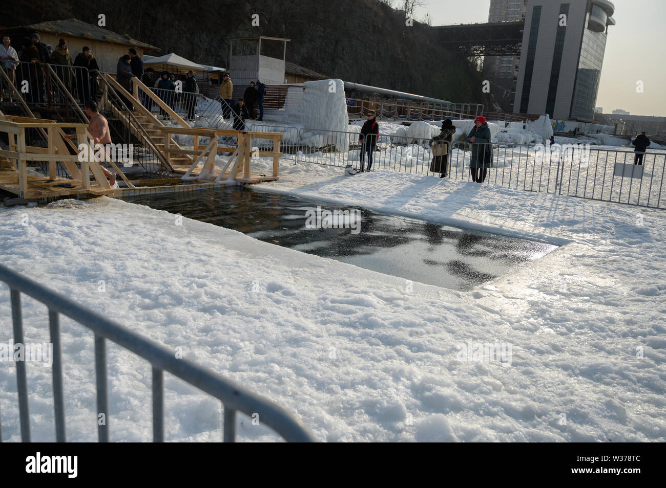 VLADIVOSTOK, RUSSIA - JANUARY 19, 2019: Ice hole in the ice for ...