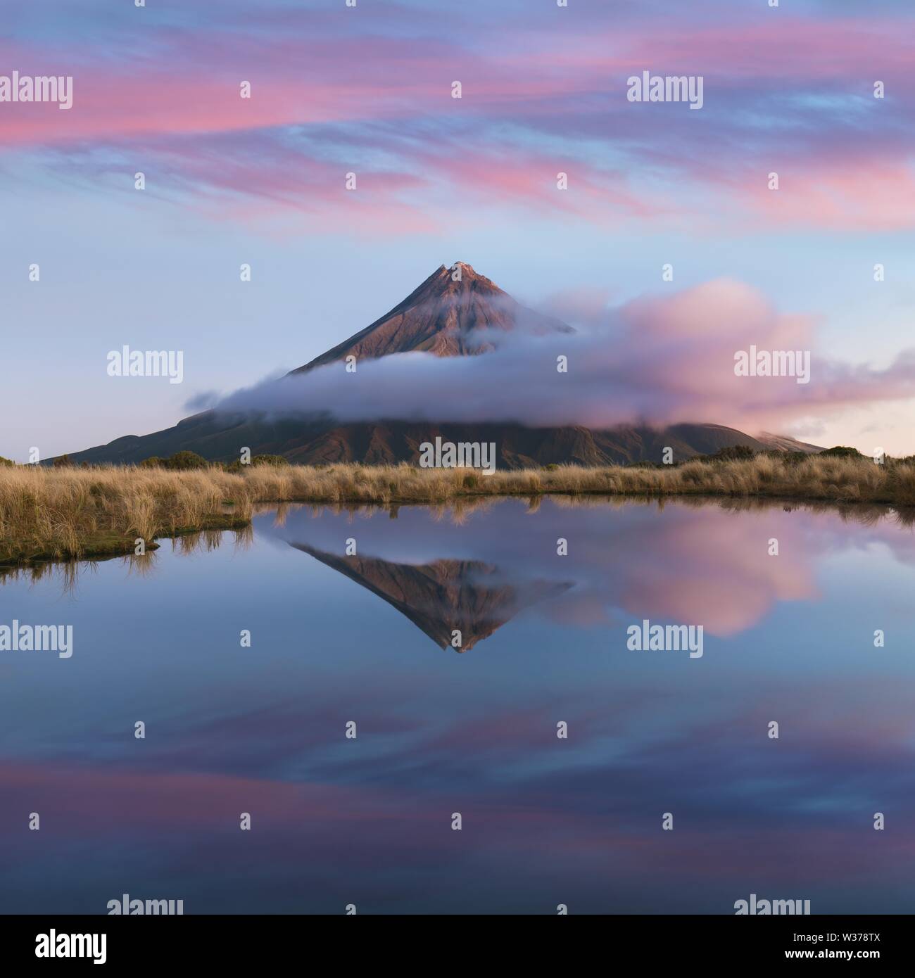 Mount Taranaki under the blue sky. Beauty volcano on New Zealand in the ...