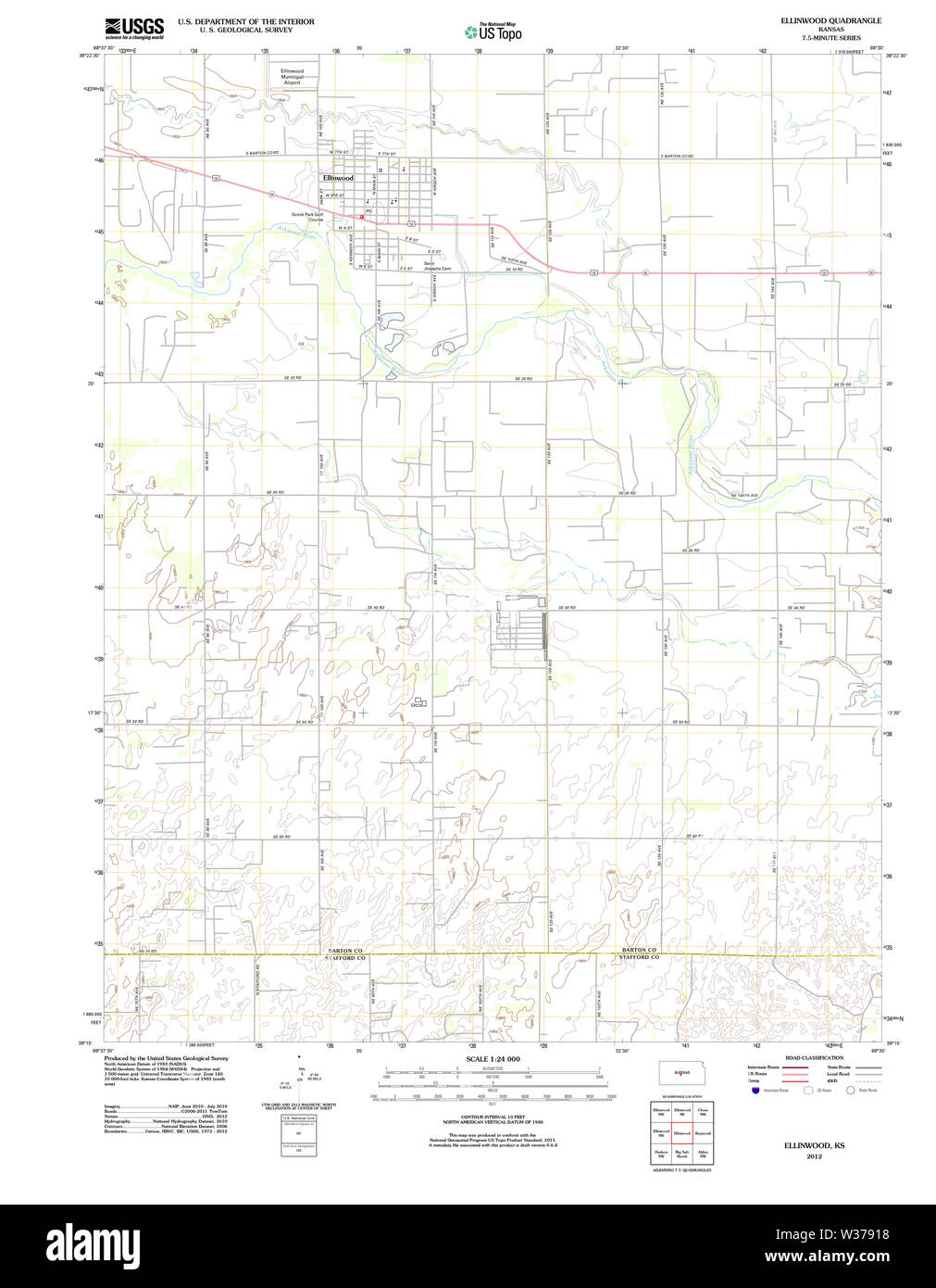 USGS TOPO Map Kansas KS Ellinwood 20120907 TM Restoration Stock Photo ...