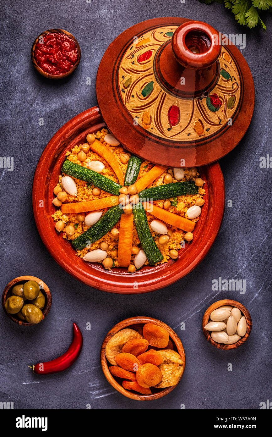 Vegetable tagine with almond and chickpea couscous, top view Stock ...