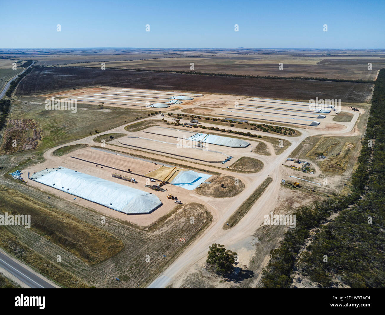 Aerial of bunker grain storage (wheat and barley) designed for handling ...