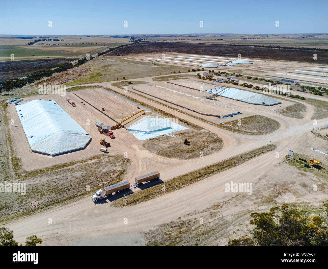 Aerial of bunker grain storage (wheat and barley) designed for handling ...