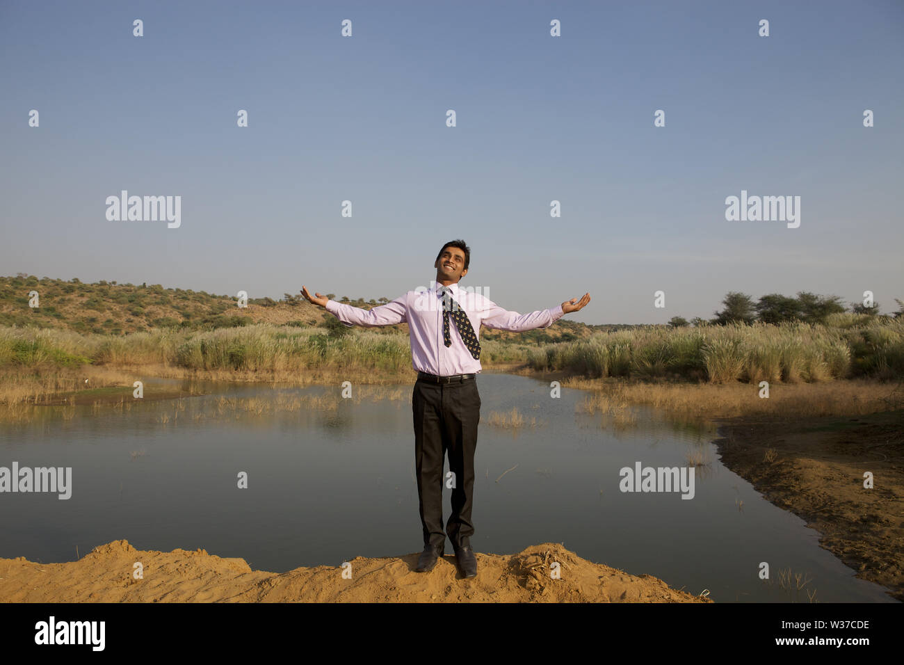 Businessman standing with his arm outstretched Stock Photo - Alamy