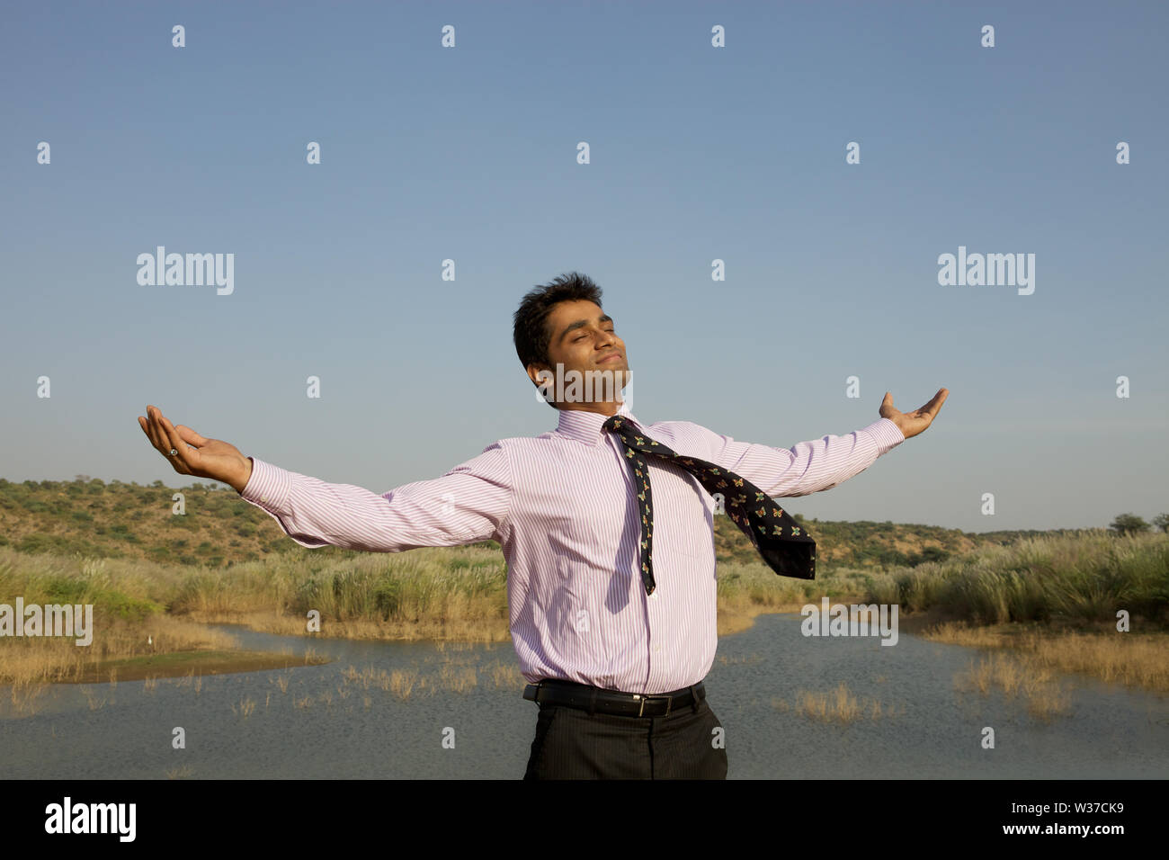 Businessman standing with his arm outstretched Stock Photo - Alamy