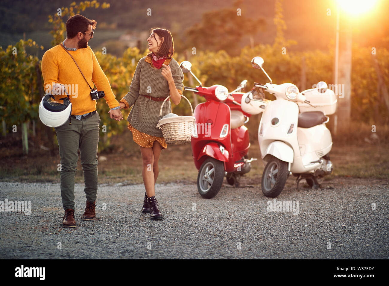 young man and girl enjoying in romantic road trip on vacation Stock ...