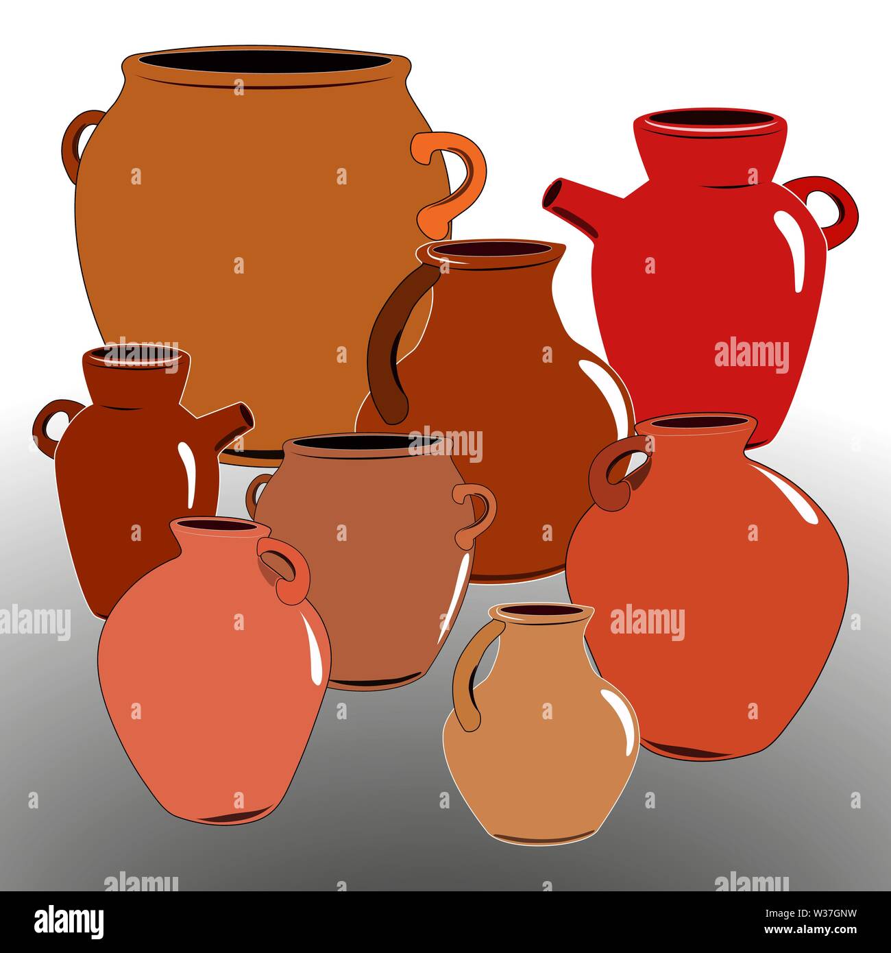 Flat drawing of ceramic jugs. Tableware for drinks. Ceramic jug ...
