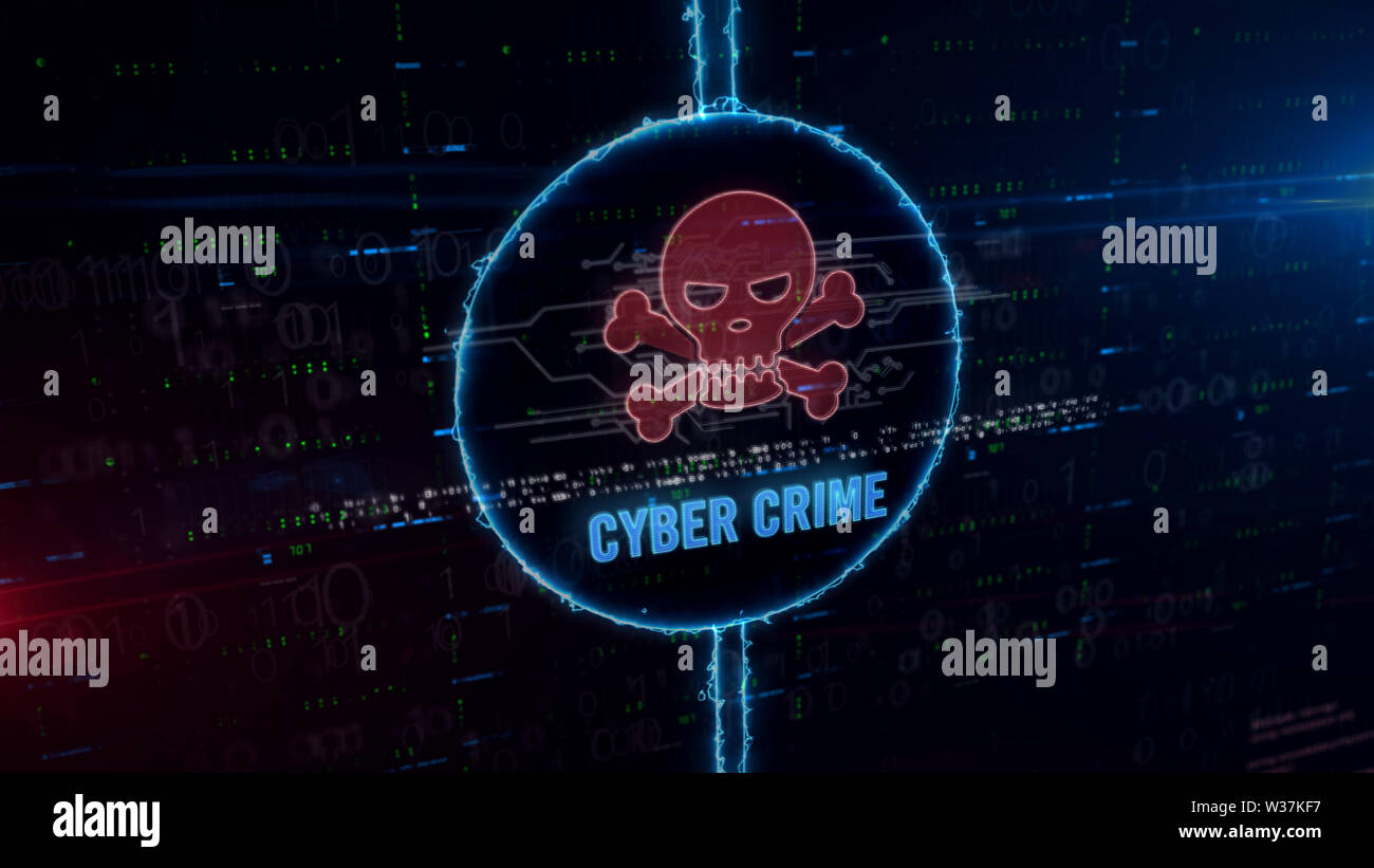 Cyber crime with skull symbol hologram in dynamic electric circle on ...