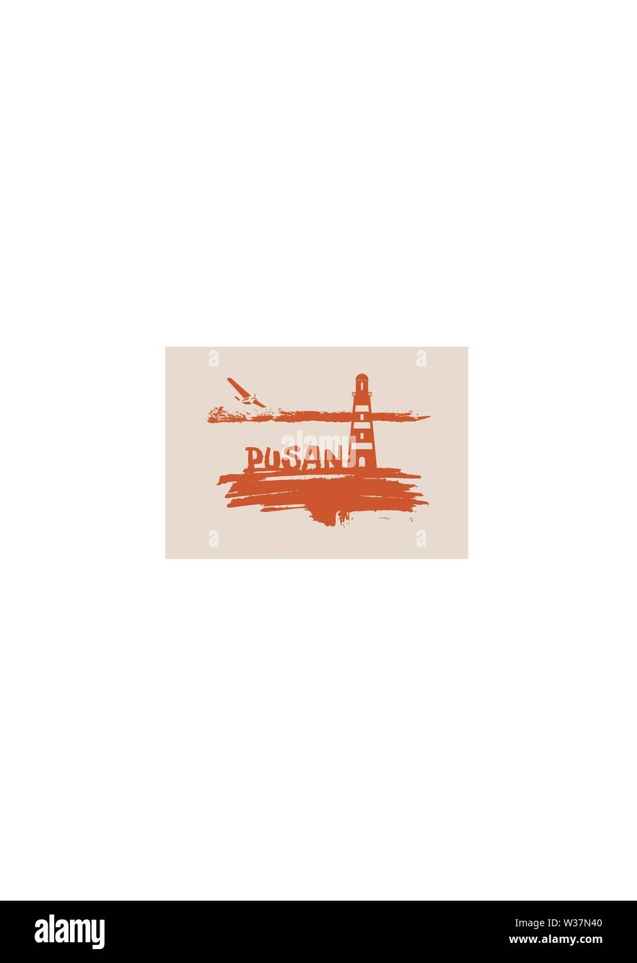 Lighthouse on brush stroke seashore. Clouds line with retro airplane ...