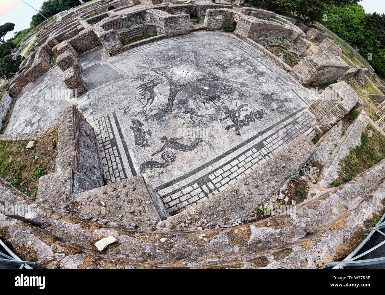 Panoramic view in the Roman empire excavation ruins at Ostia Antica ...