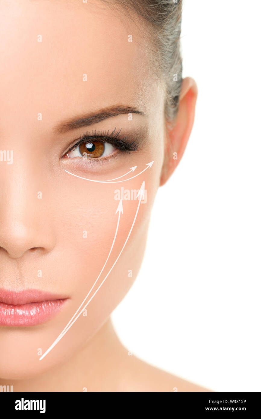 Face lift anti-aging treatment - Asian woman portrait with graphic ...