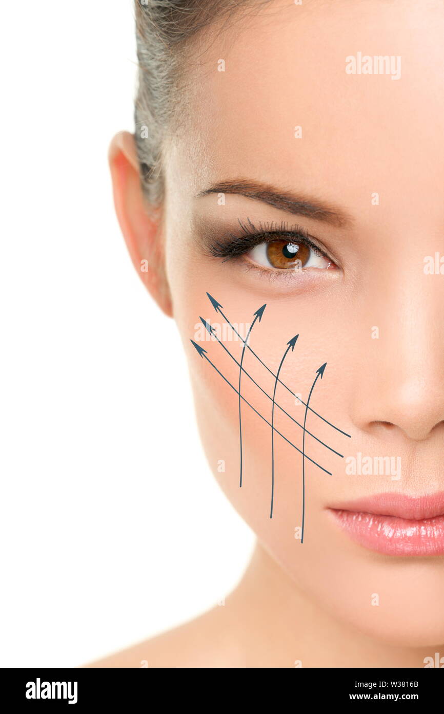 Face lift anti-aging treatment - Asian woman portrait with graphic ...