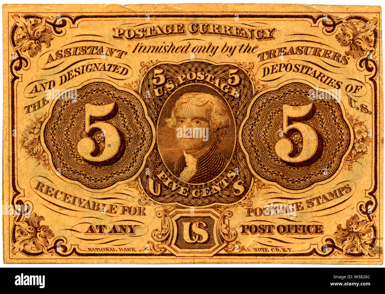 Five-cent US Postal Currency, first issue, featuring Thomas Jefferson ...
