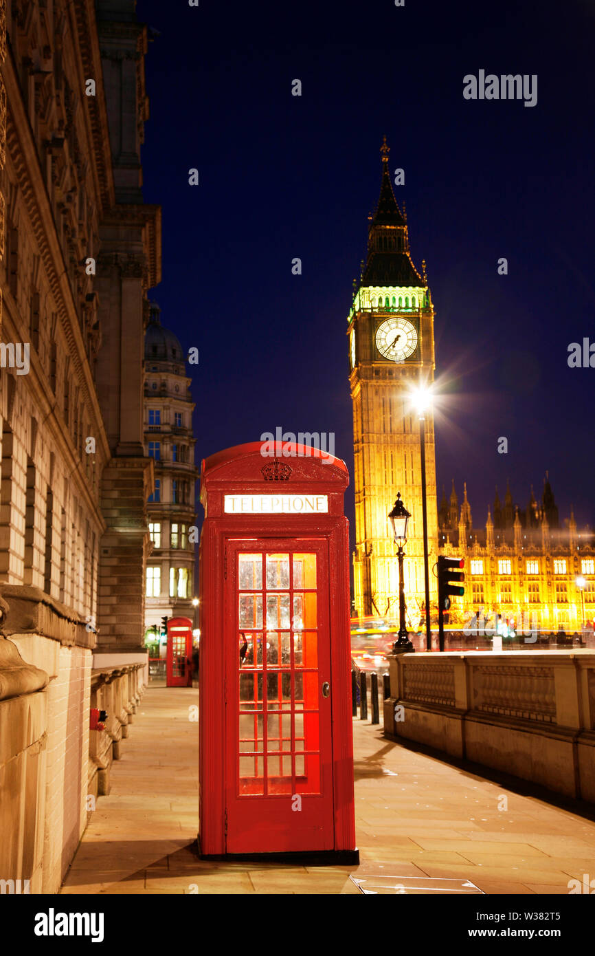 Iconic Red Telephone Booth and Big Ben Clock Tower at Night. Nobody ...