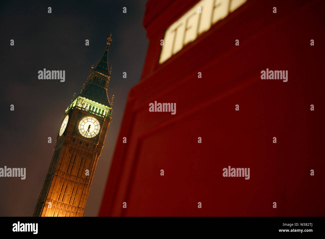 Iconic Red Telephone Booth and Big Ben Clock Tower at Night. Nobody ...