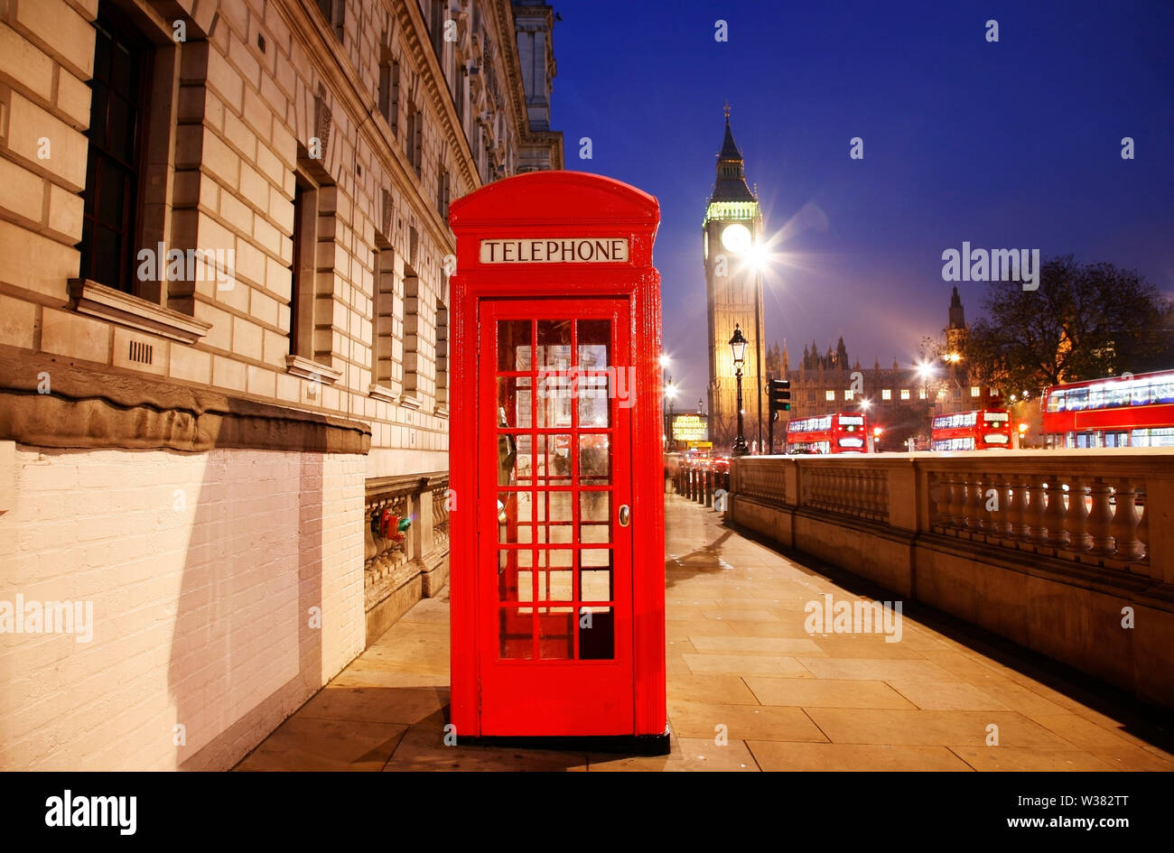 Iconic Red Telephone Booth and Big Ben Clock Tower at Night. Nobody ...