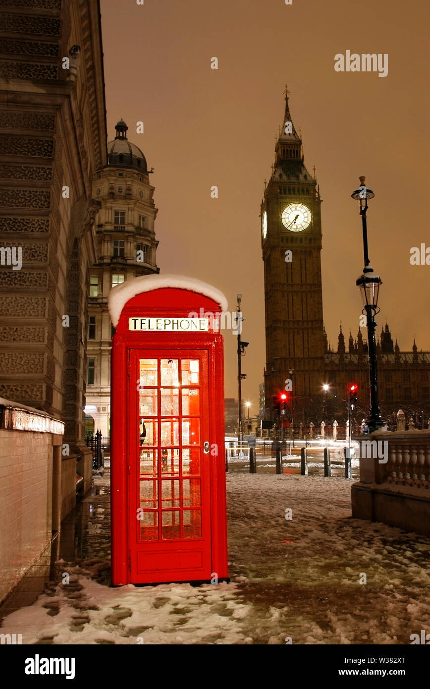 Iconic Red Telephone Booth and Big Ben Clock Tower on a Snowy Night ...