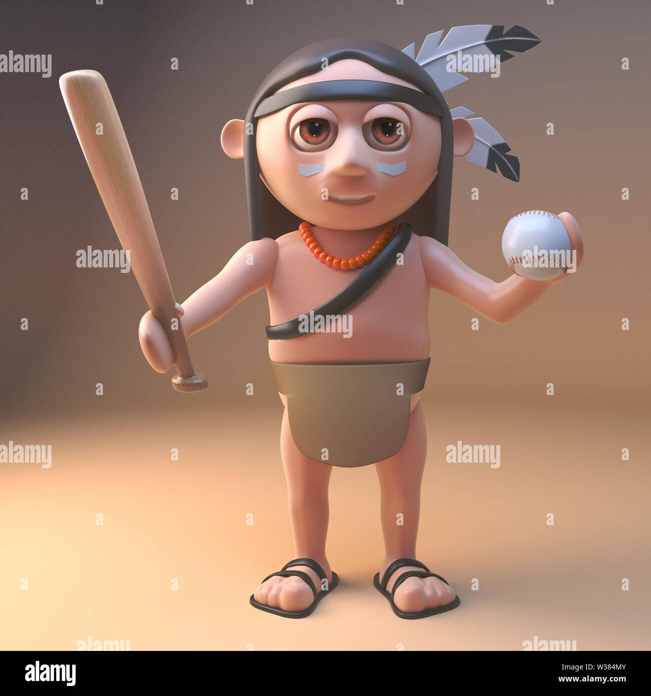 Cartoon native American Indian holding a baseball bat and ball, 3d ...