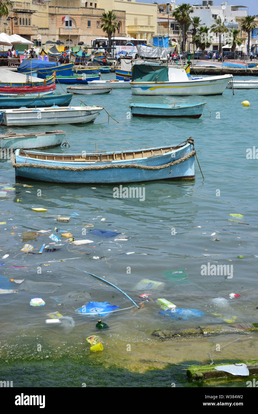 Garbage in the harbor, Marsaxlokk, Malta, Europe Stock Photo - Alamy