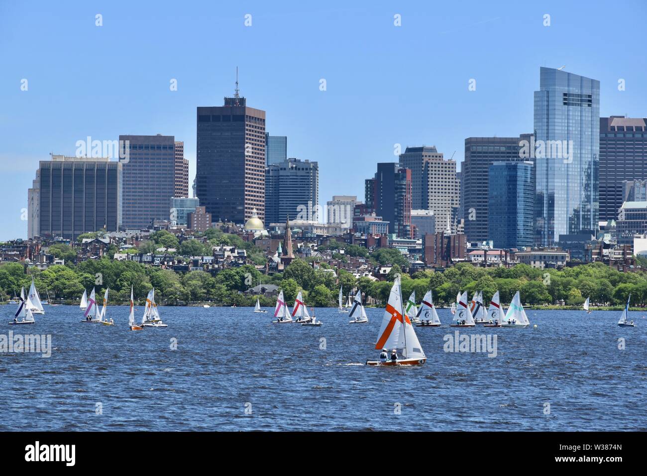 Sailboats sailing in the Charles River Basin with the Boston skyline ...
