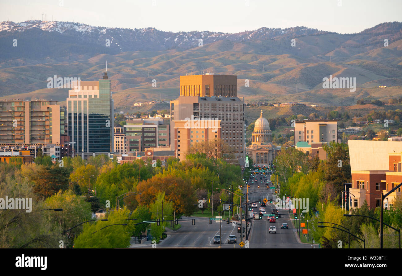 Downtown city center of Boise Idaho framed by Schafer Butte Stock Photo ...