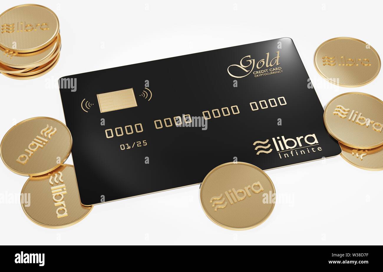View of Libra black credit card GOLD and golden Libra coins lying on a ...