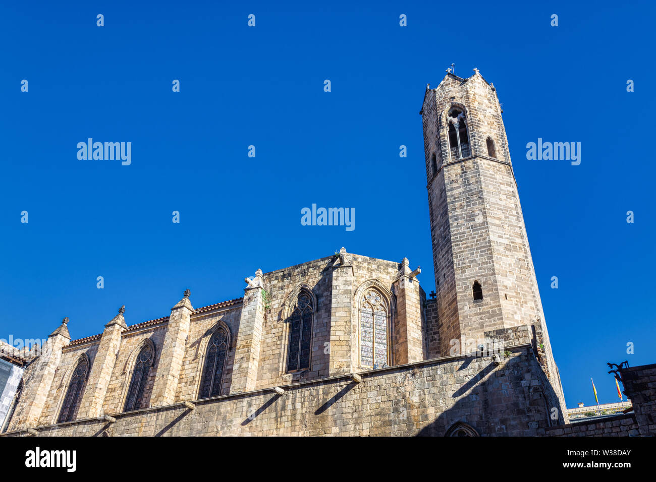 Palau Reial Major, detail of the main tower in tipical gothic style ...