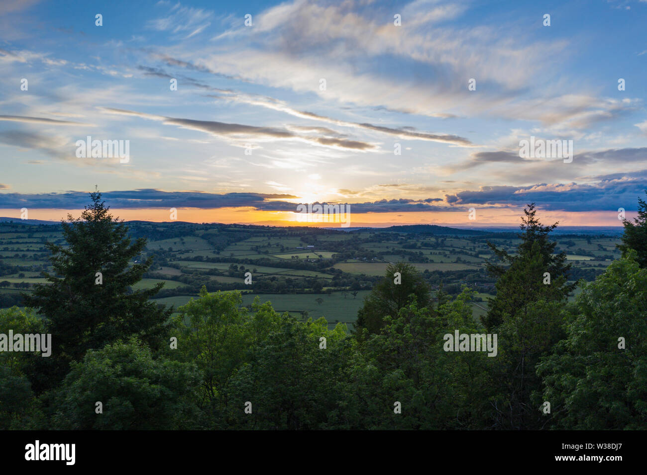 Dramatic sunset over scenic farming fields. Drone shoot over trees in ...