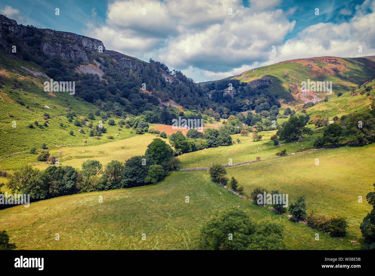 Green valley of Rhaeadr at bright summer day in Snowdonia National Park ...