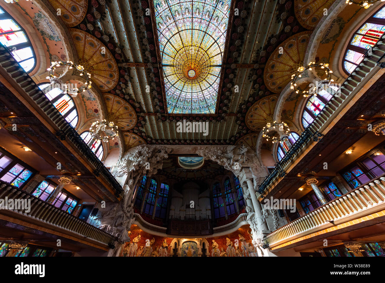 Palace of Catalan music in Barcelona, detail of the ceiling and the ...