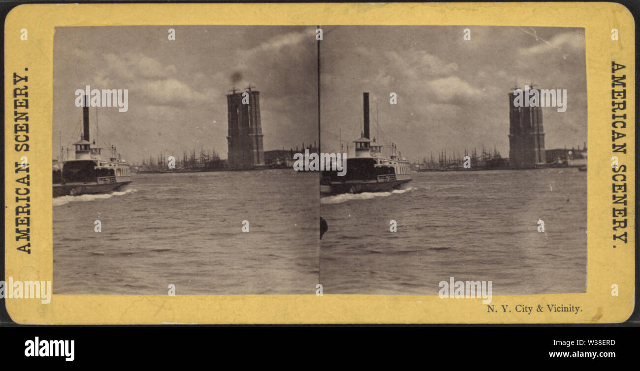 View of a steamer and Brooklyn Bridge tower, from Robert N Dennis ...