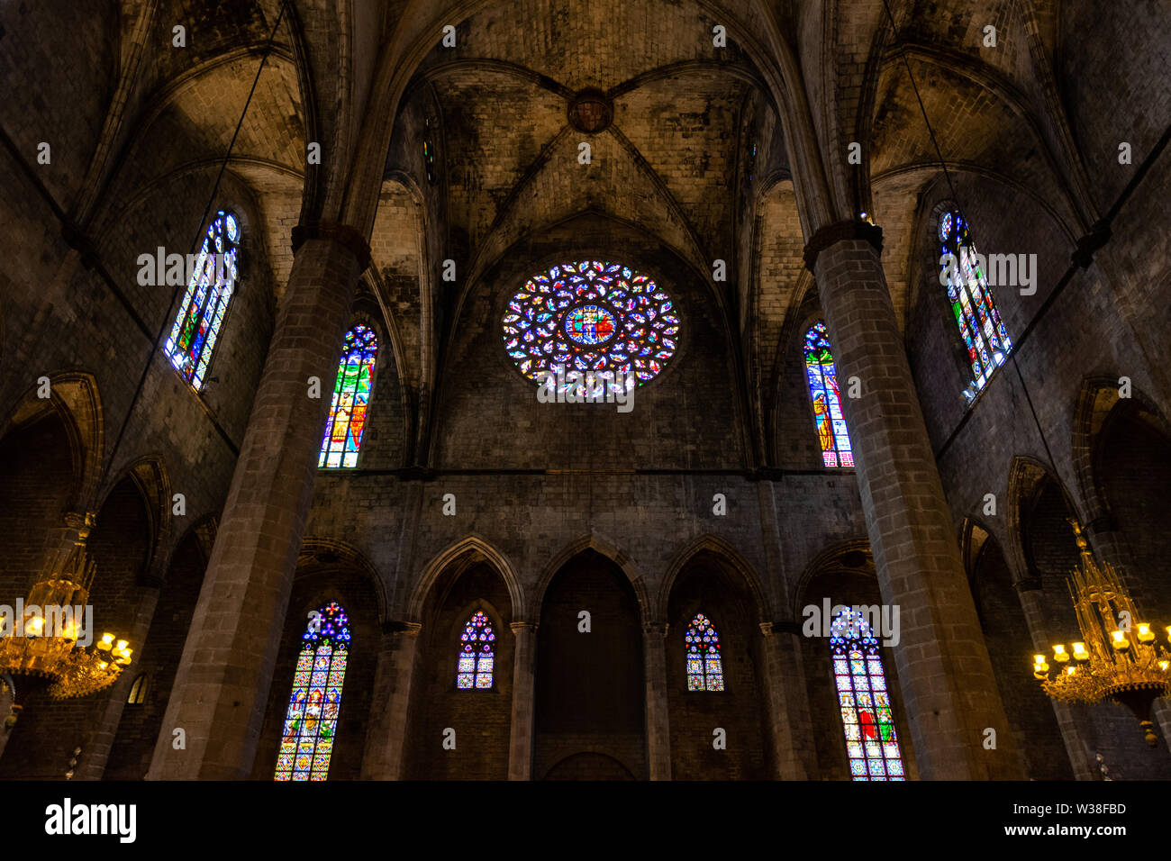Interior of Santa Maria del Mar Basilica in typical Catalan Gothic ...