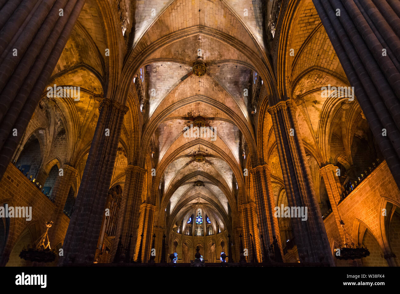 The Cathedral of Barcelona, detail of the main nave in typical gothic ...