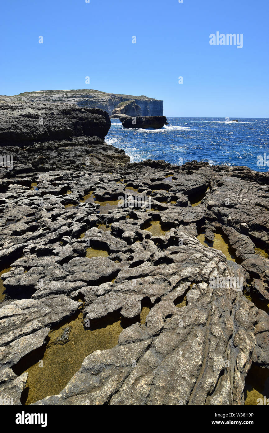 Rocky coasline near Azure Window, stone bridge, Gozo, Malta, Europe ...