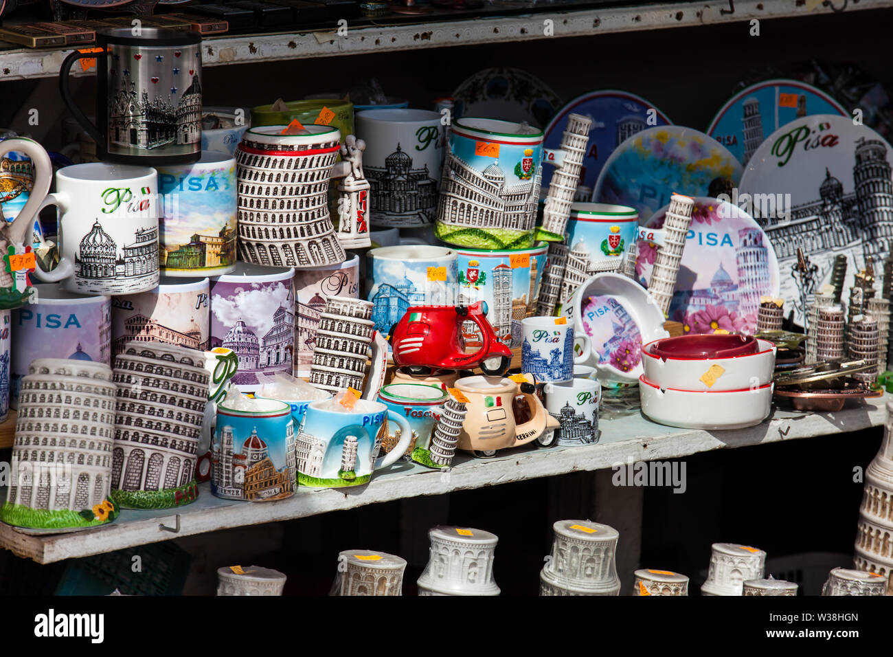 PISA, ITALY - APRIL, 2018: Souvenirs for tourists sold close to the ...