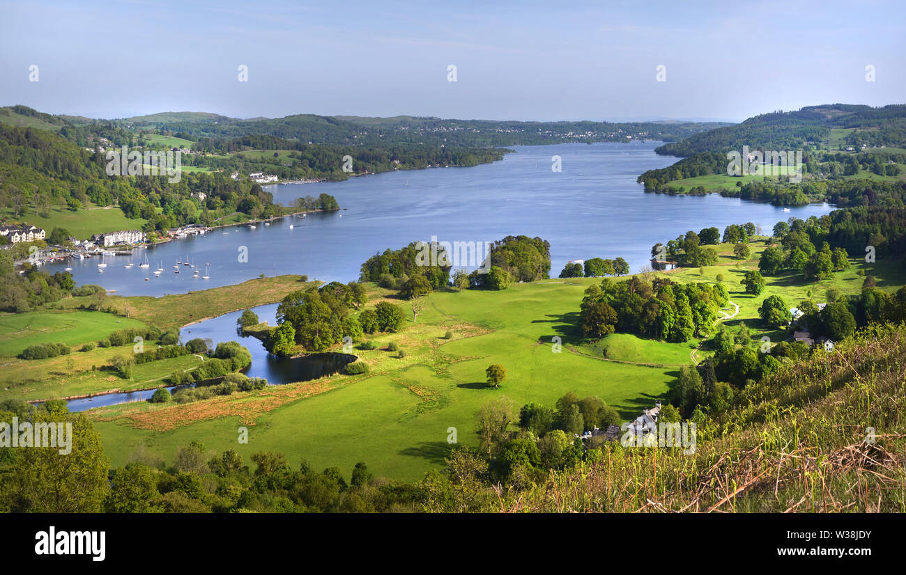 A panoramic view of a calm Lake Windermere taken from above Ambleside ...